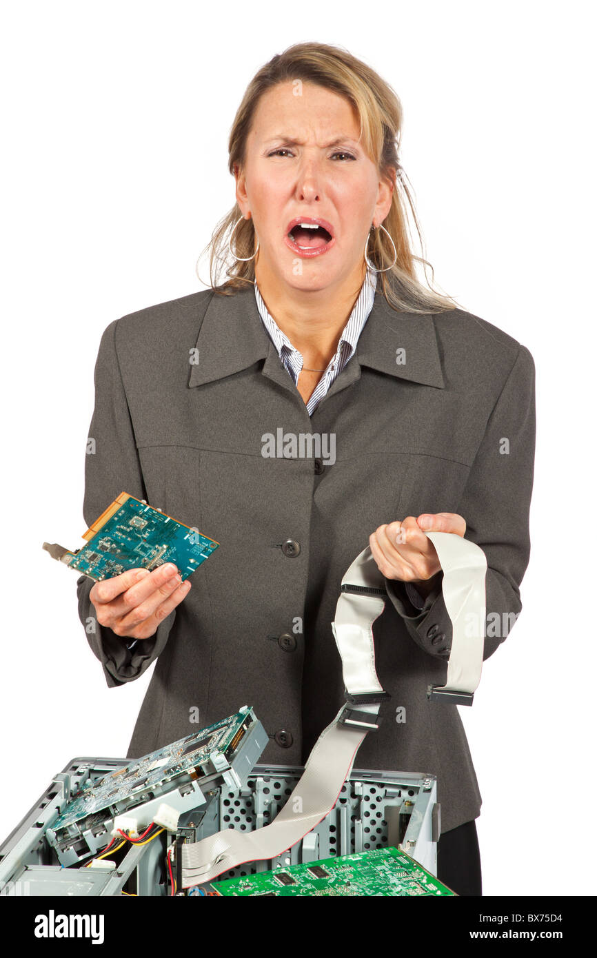 Woman crying over her broken computer Stock Photo - Alamy