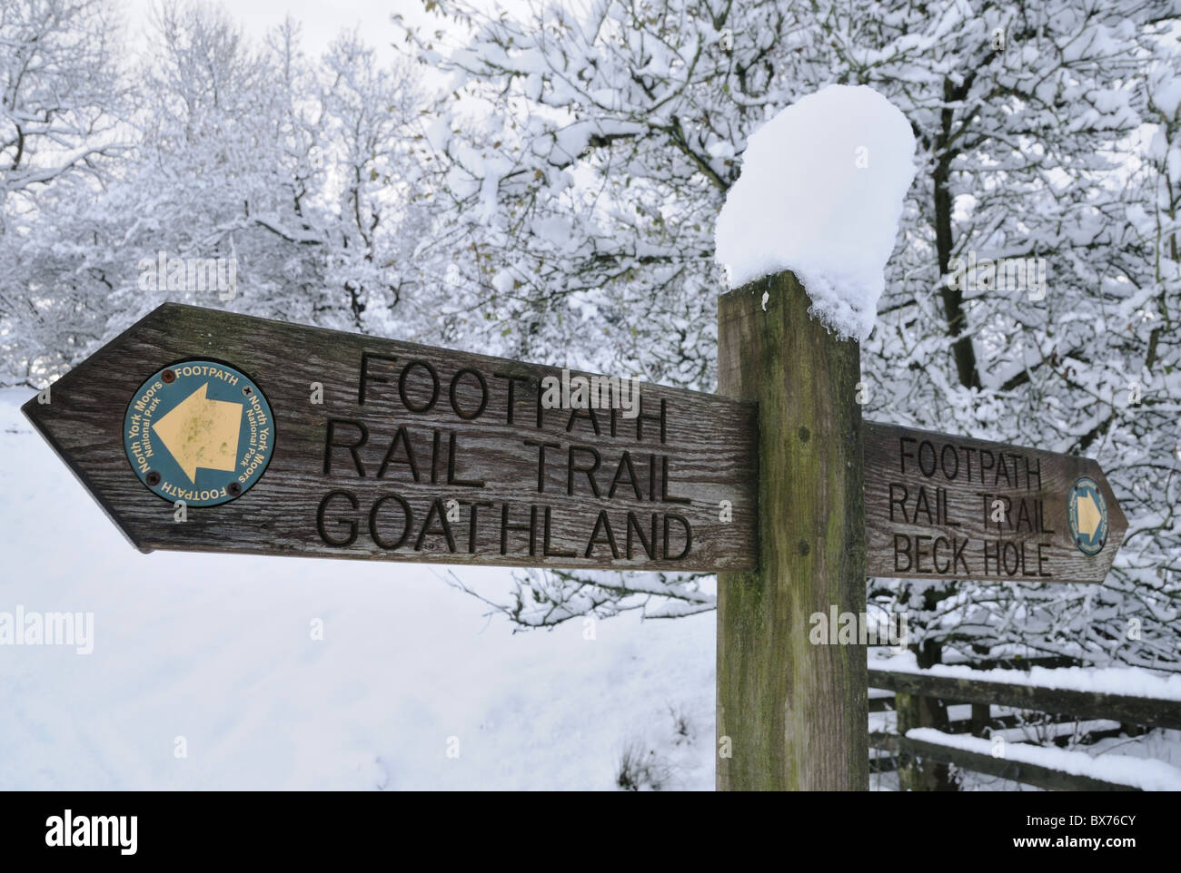 Snow covered signpost, Goathland Stock Photo - Alamy