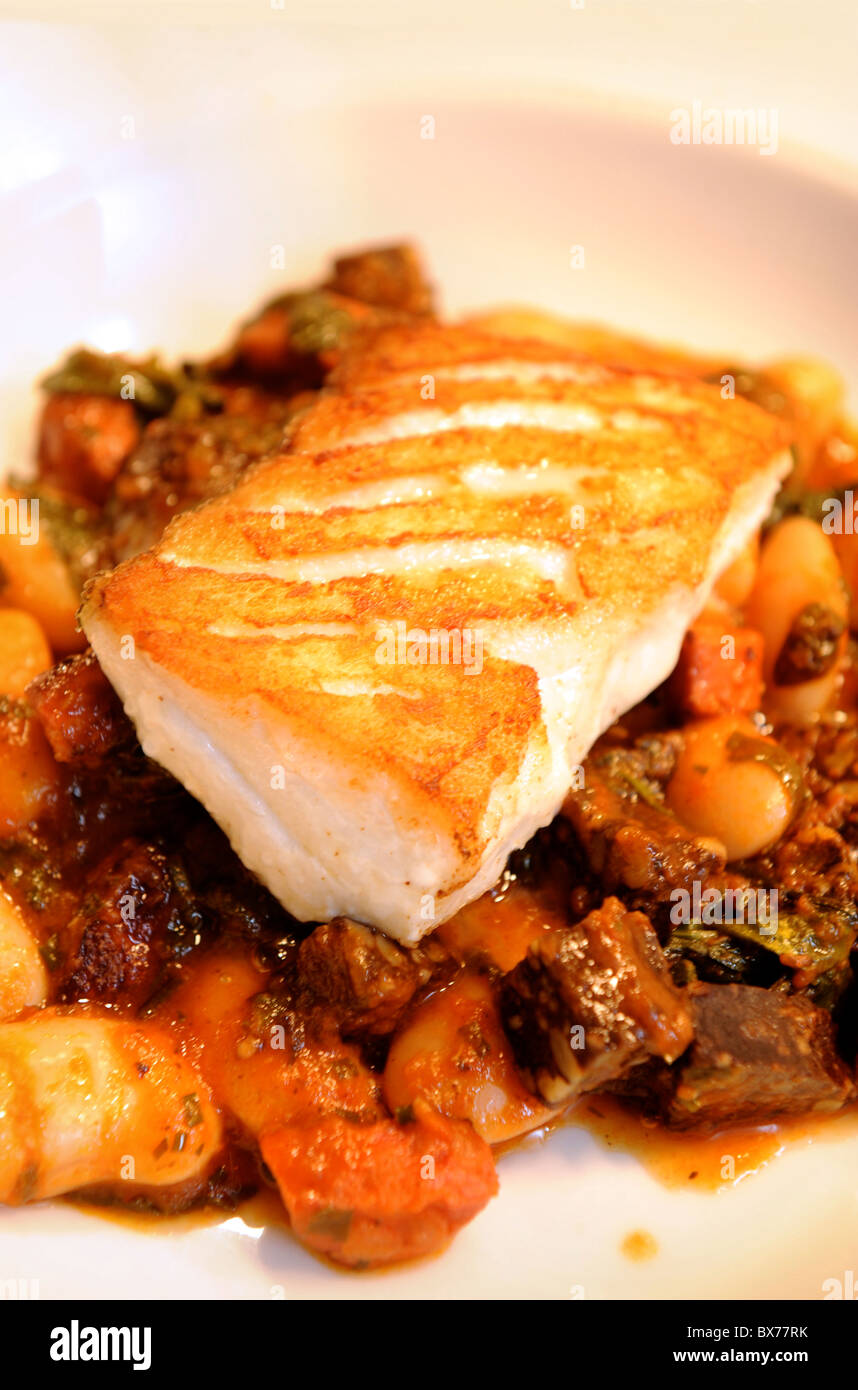 A plate of pan seared white fish at The Hardwick restaurant Abergavenny ...