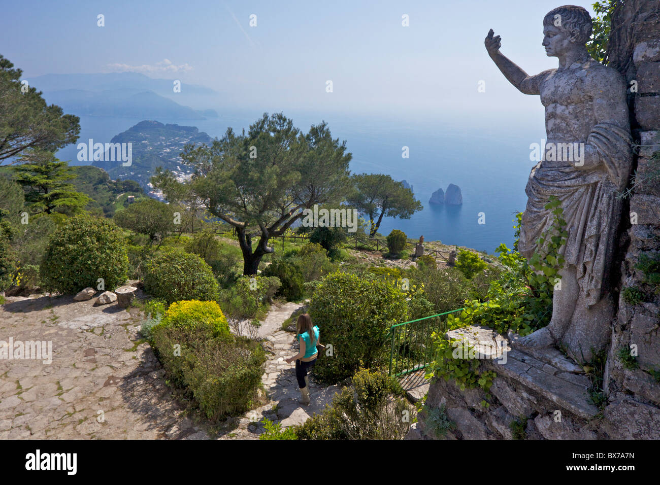 Statue and gardens in early morning summer sunshine, Monte Solaro, Isle ...
