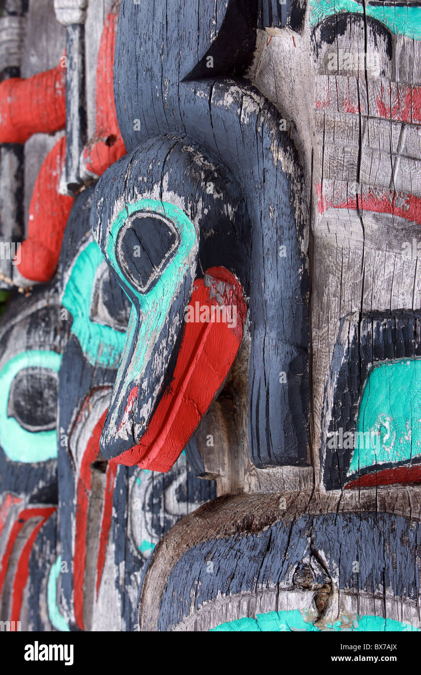 Colorful section of a native Totem Pole, art and tradition in Haines ...