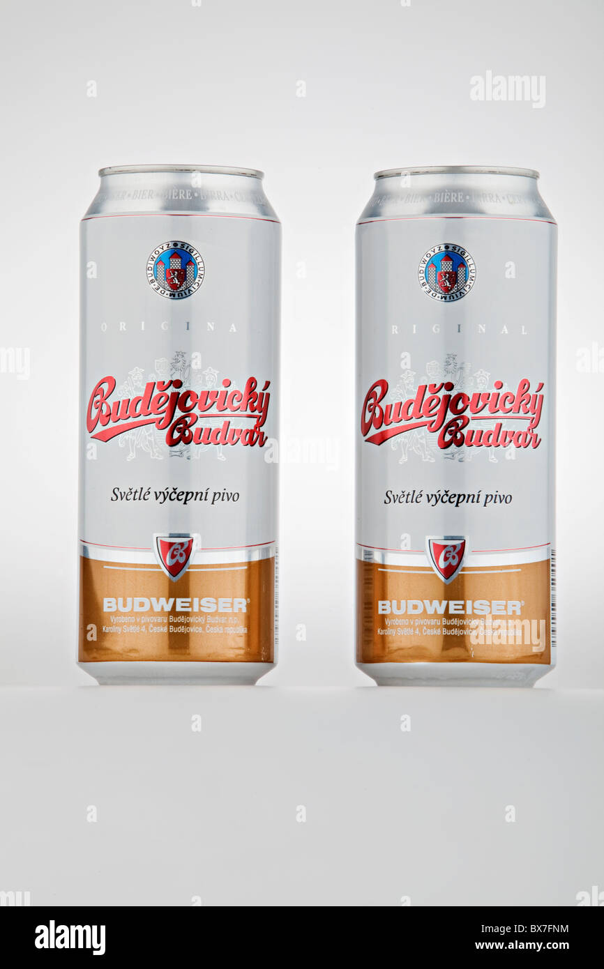 Cans of Budvar Beer, produced by Budweiser Budvar, National Corporation ...