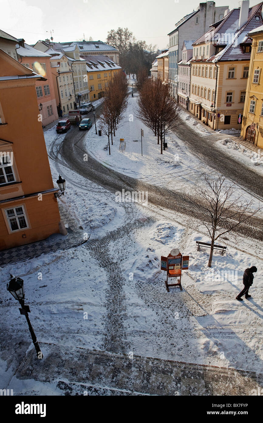 Prague - snow covered Kampa street photographed from Charles Bridge ...