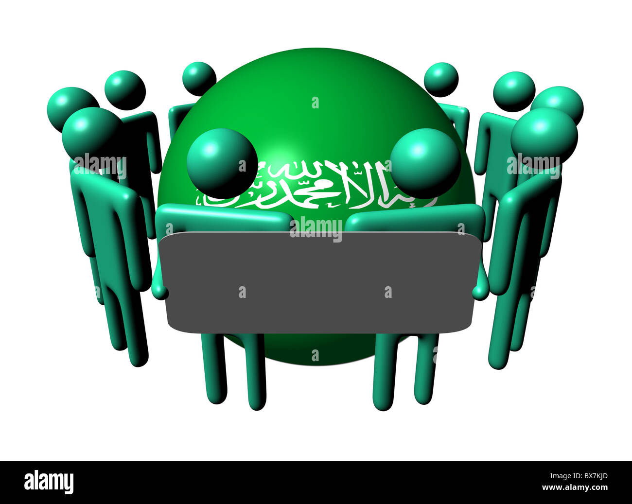 Circle of abstract people with sign around Saudi Arabian flag sphere ...
