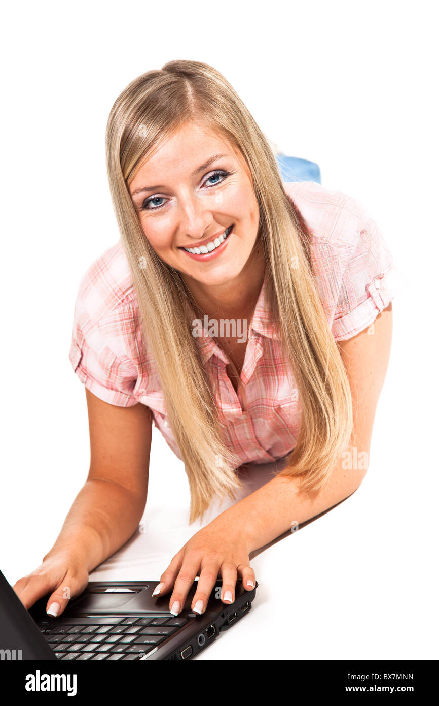 Caucasian woman with notebook on white isolated backgrodun Stock Photo ...