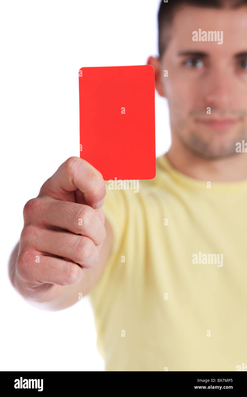Young man holding red card. All on white background Stock Photo - Alamy