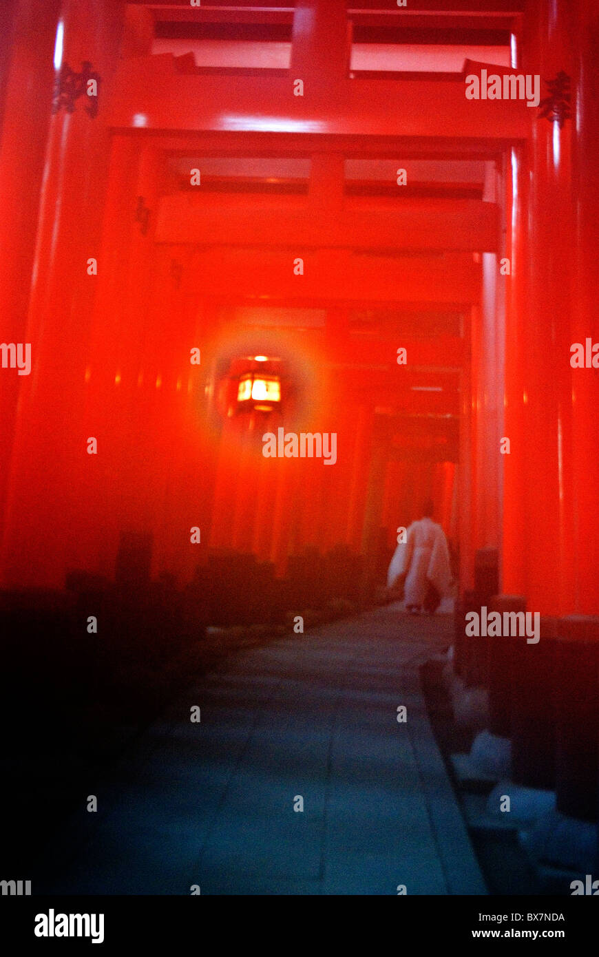 Shinto monk walking through Torii gates during his morning prayer ...