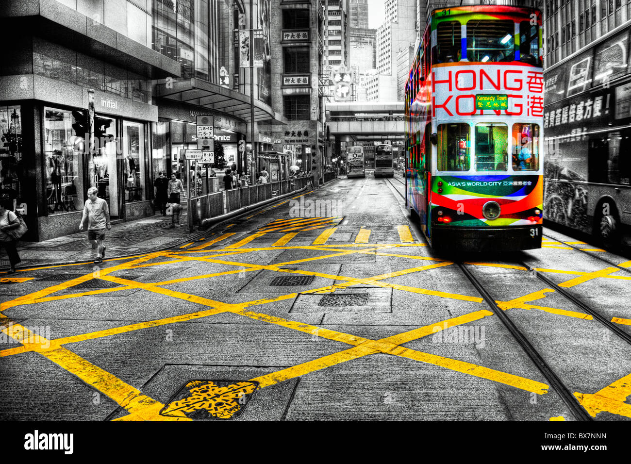 Colourful Tram in the Central District of Hong Kong Island, colour ...