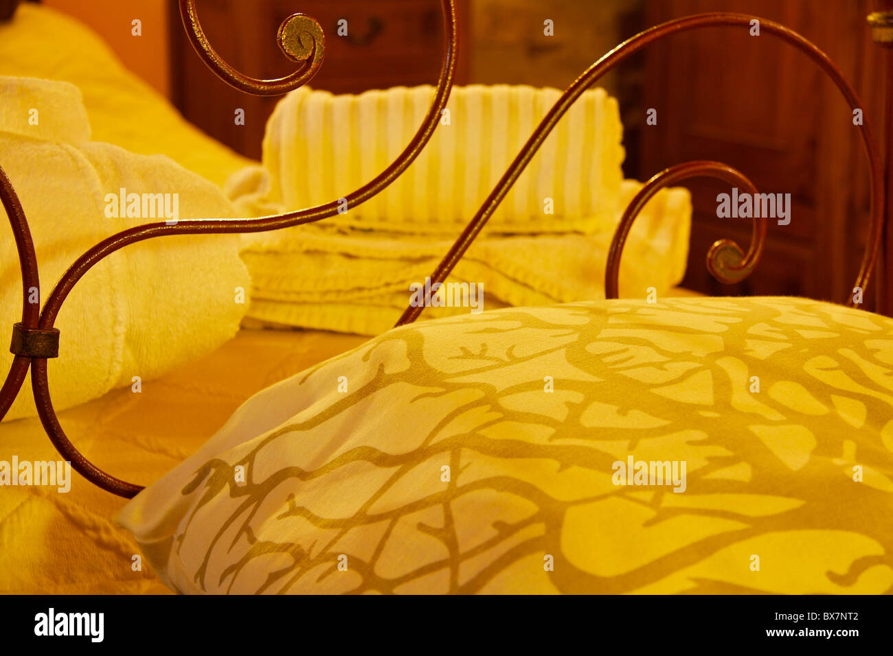 Still life with decorated pillow detail in front of a wrought bedhead ...