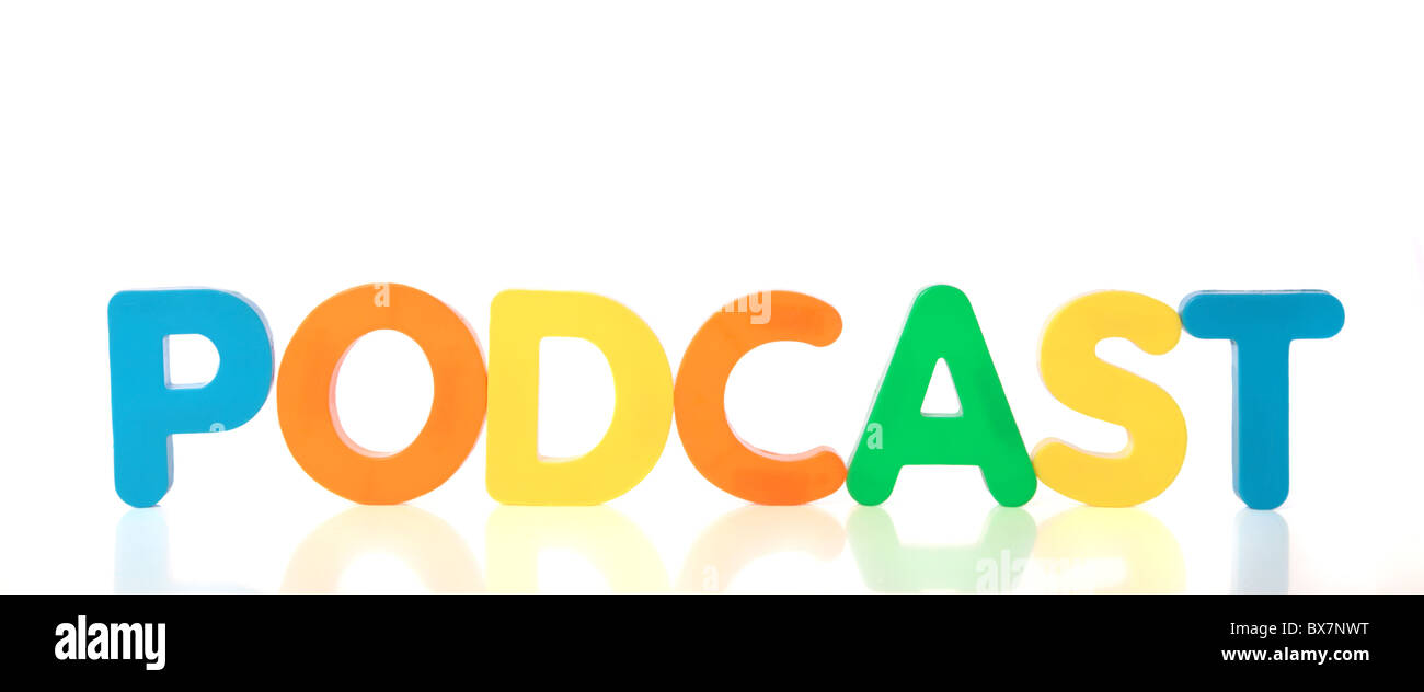 The term podcast in colorful letters. All isolated on white background ...