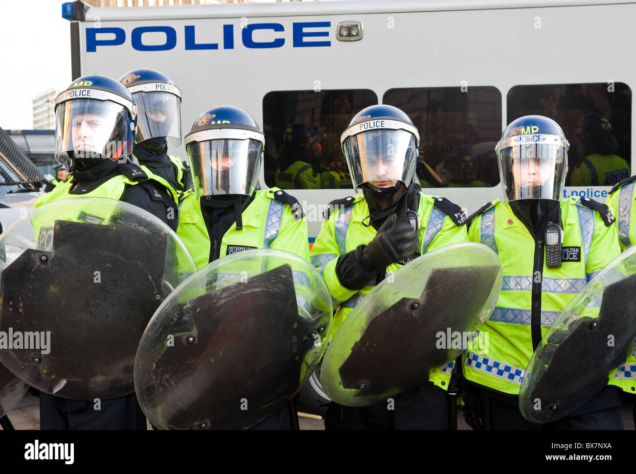 Metropolitan riot police preparing for a student demonstration Stock ...
