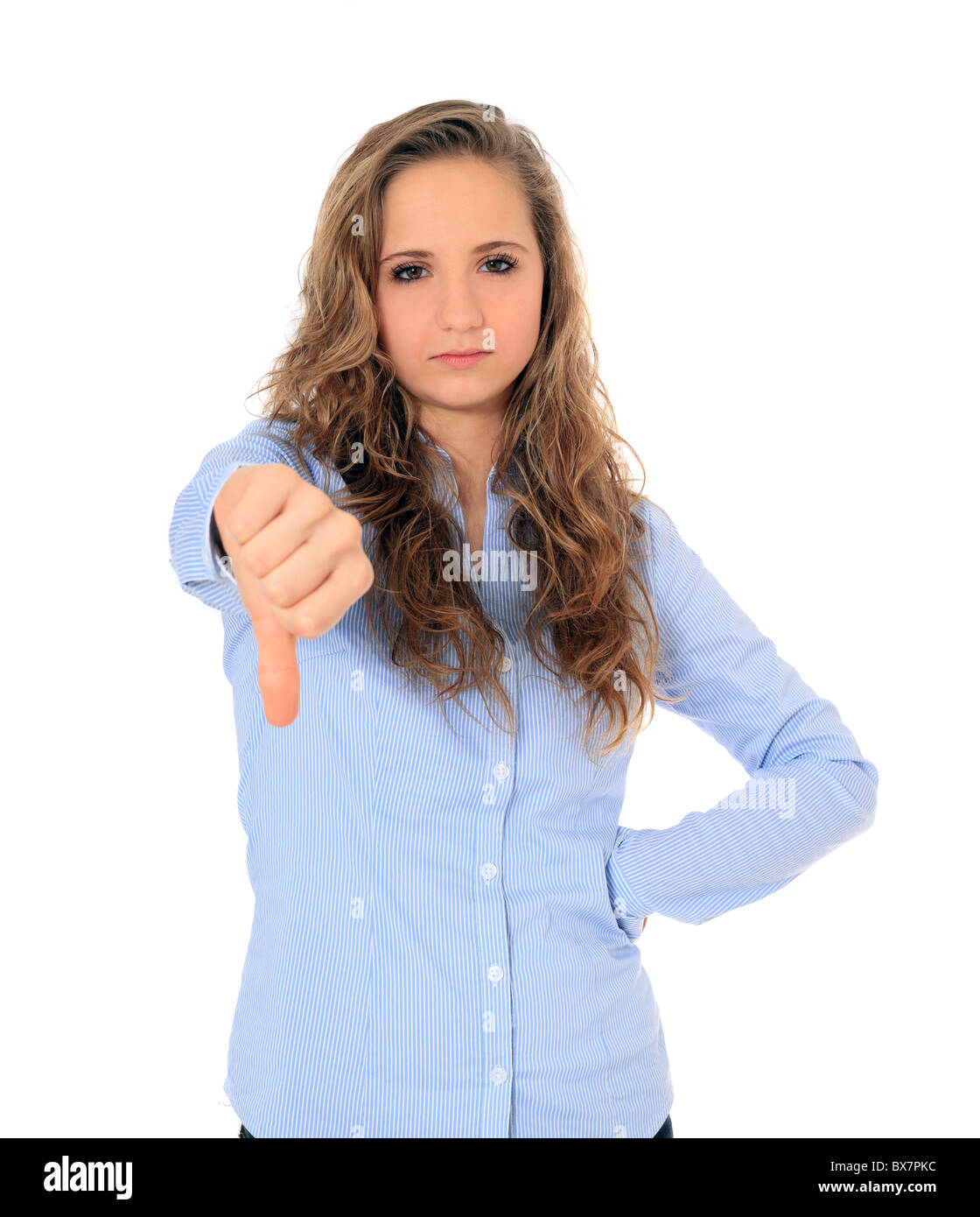 Attractive young girl making negative gesture. All on white background ...