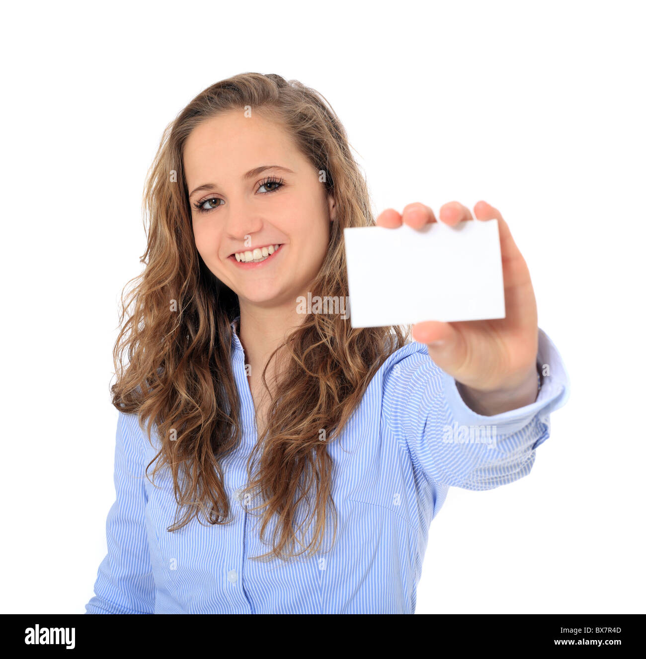 Portrait of an attractive young girl holding calling card. All on white ...