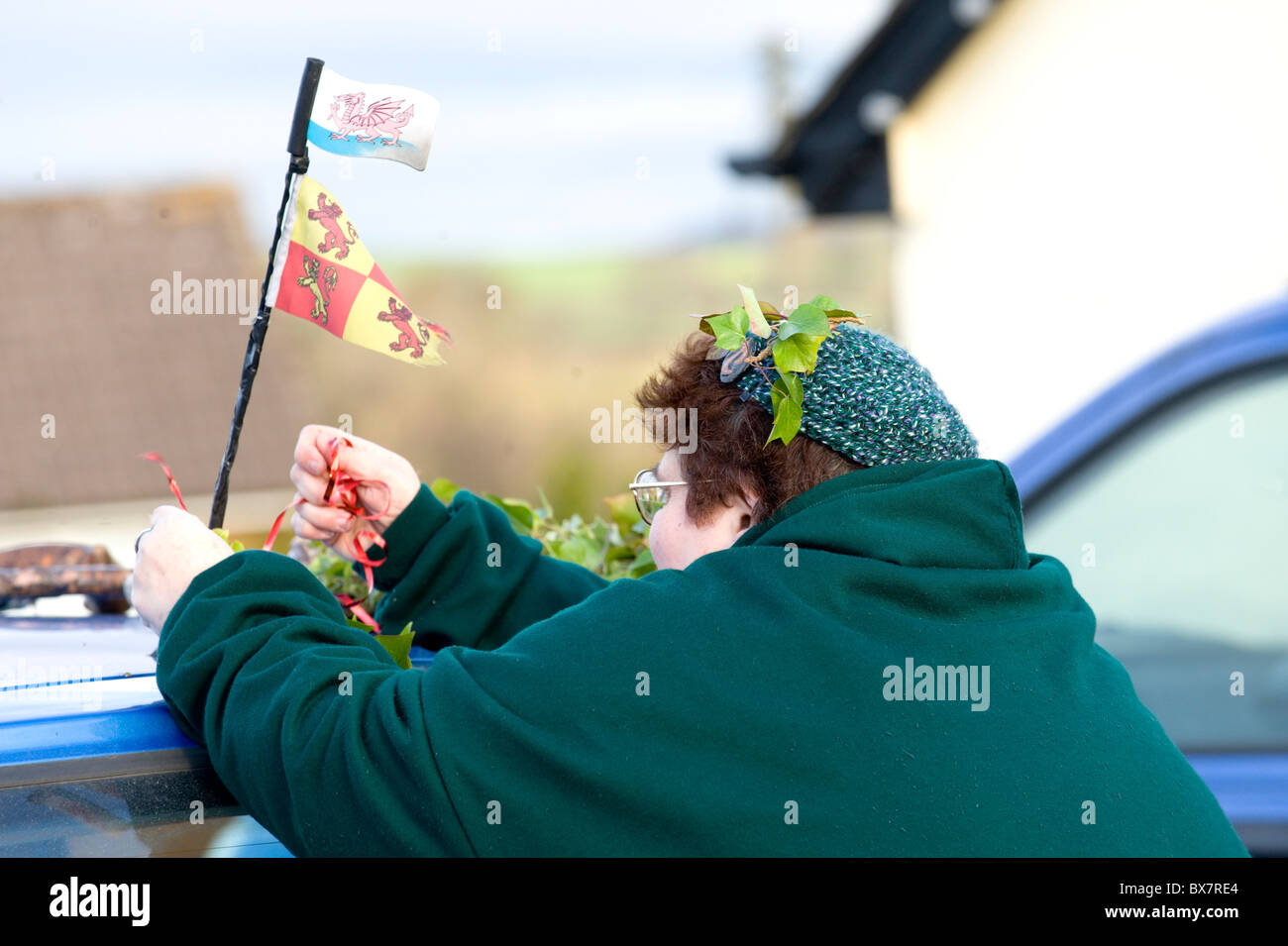 Patriotic welsh woman fixes welsh symbols to her car Stock Photo - Alamy