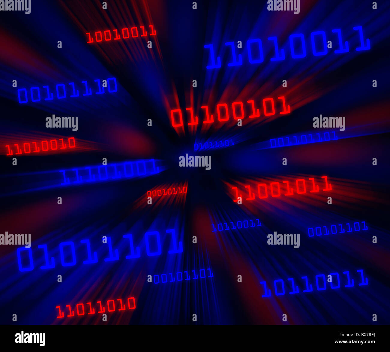 Tilted red and blue bytes of binary code flying through a vortex ...