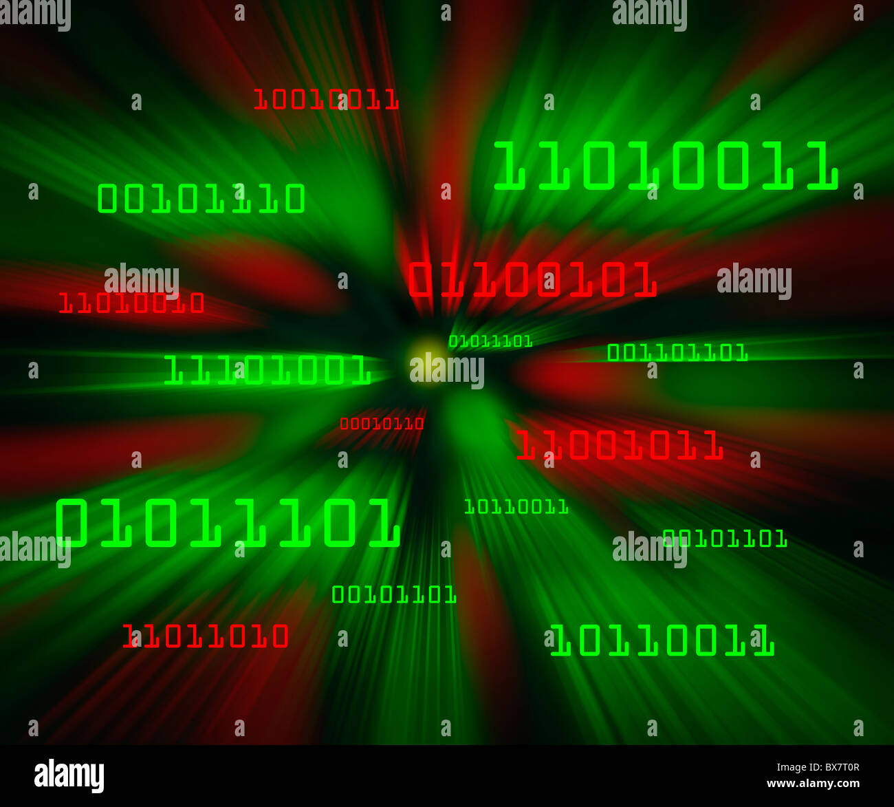 Red and green bytes of binary code flying through a vortex. Horizontal ...