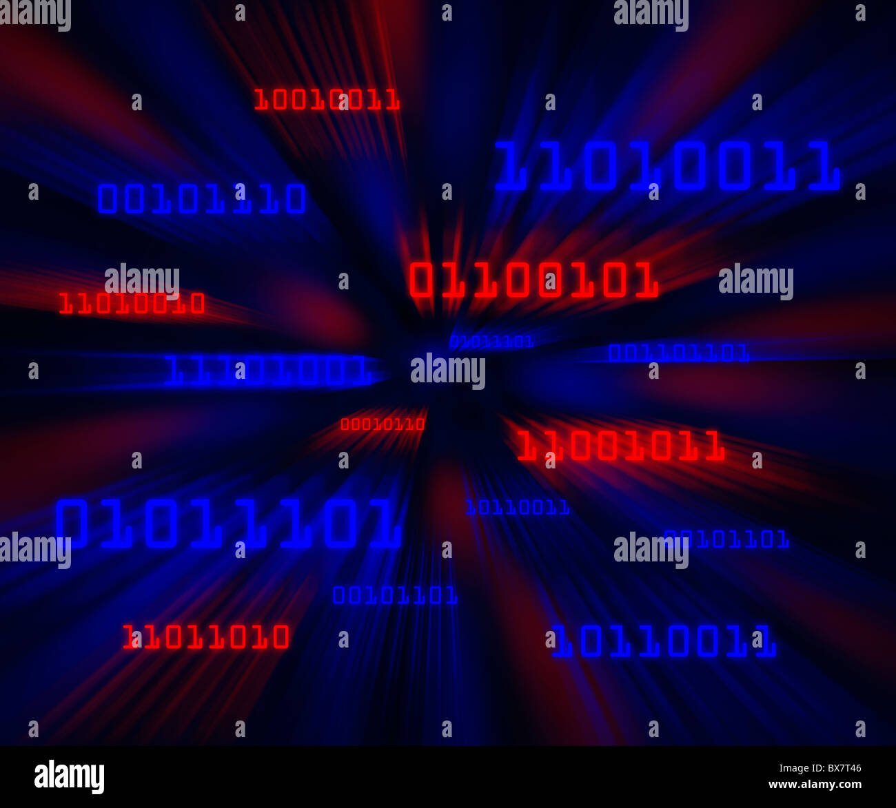 Red and blue bytes of binary code flying through a vortex. Horizontal ...