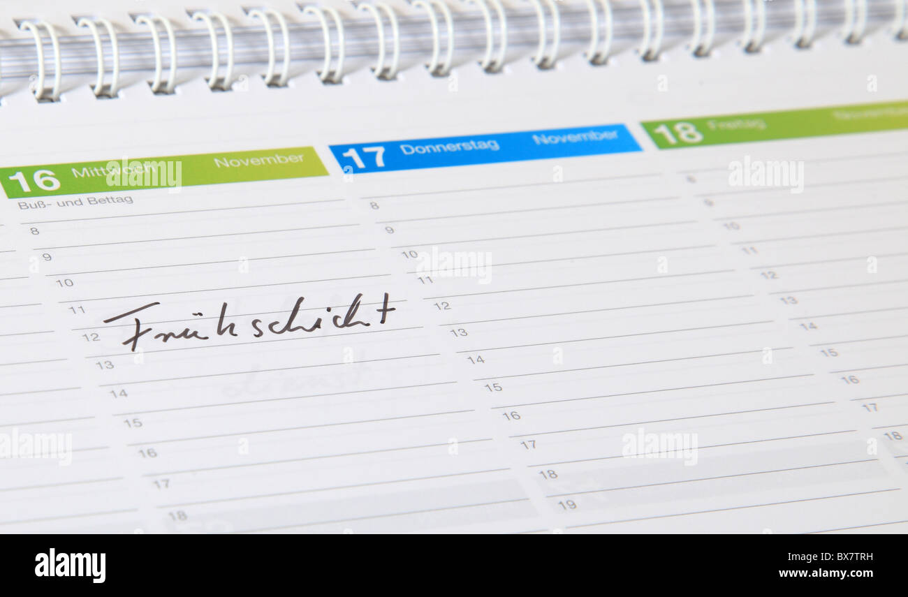 A standard schedule. The german term Frühschicht is marked. (english ...