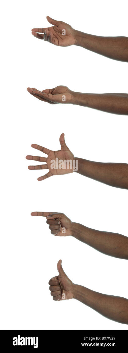 A dark-skinned human hand with several gestures. All on white ...