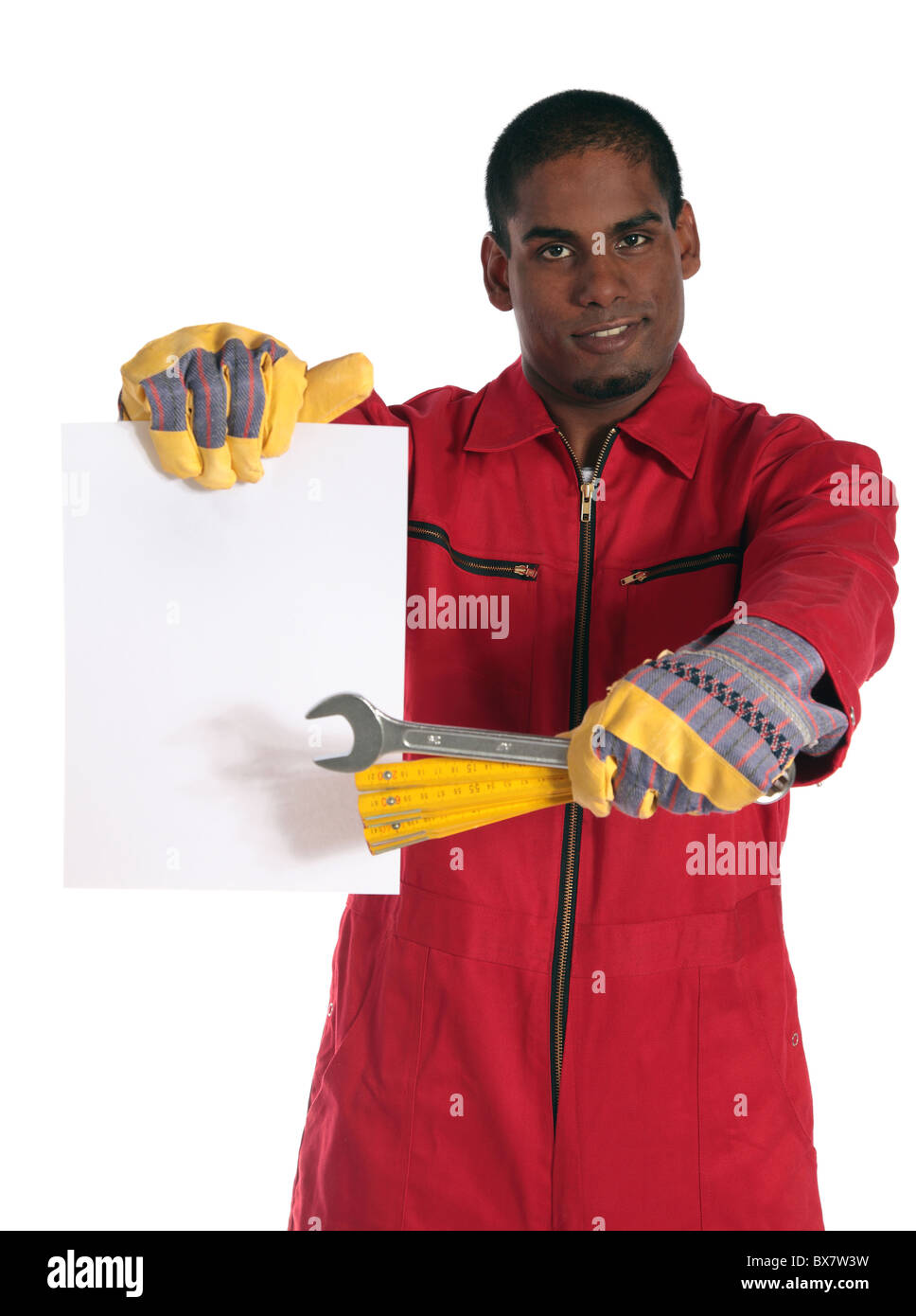 A dark-skinned worker pointing on a blank contract. All on white ...