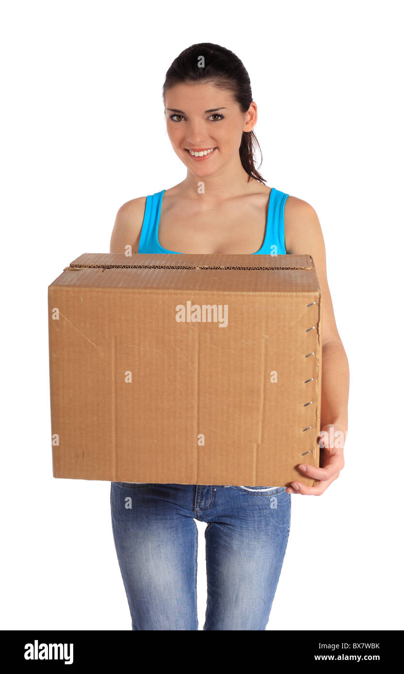 Attractive young woman carrying a moving box. All on white background ...