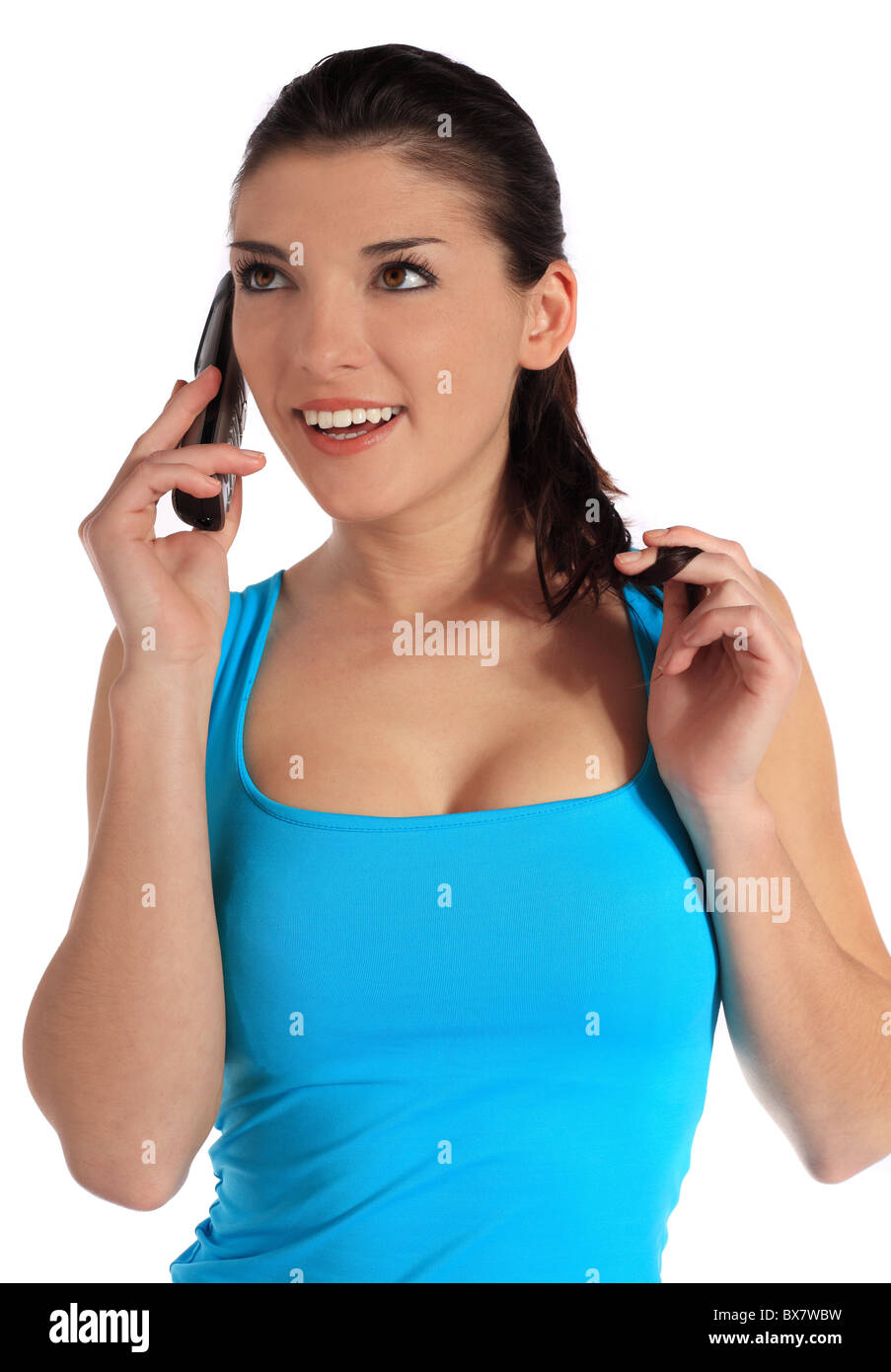 Attractive young woman making a phone call. All on white background ...