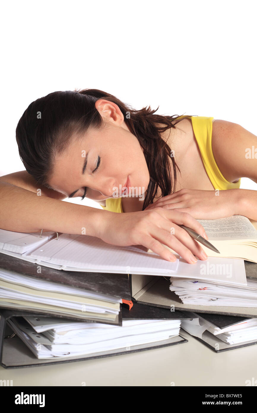 Stressed student taking a nap. All on white background Stock Photo - Alamy