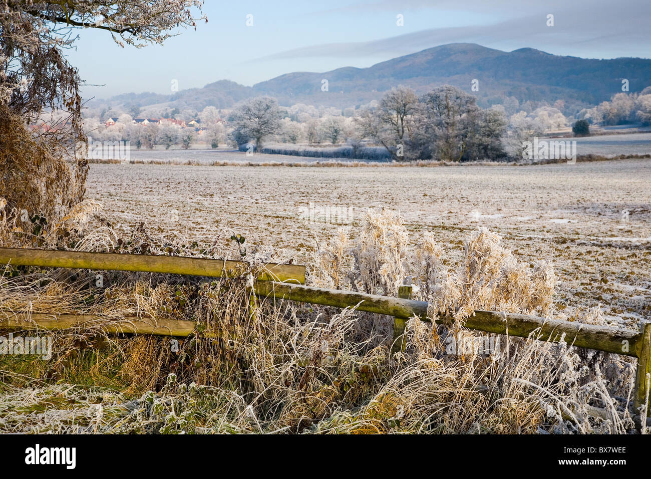 The Malvern Hills with winter frost, Worcestershire - from the village ...