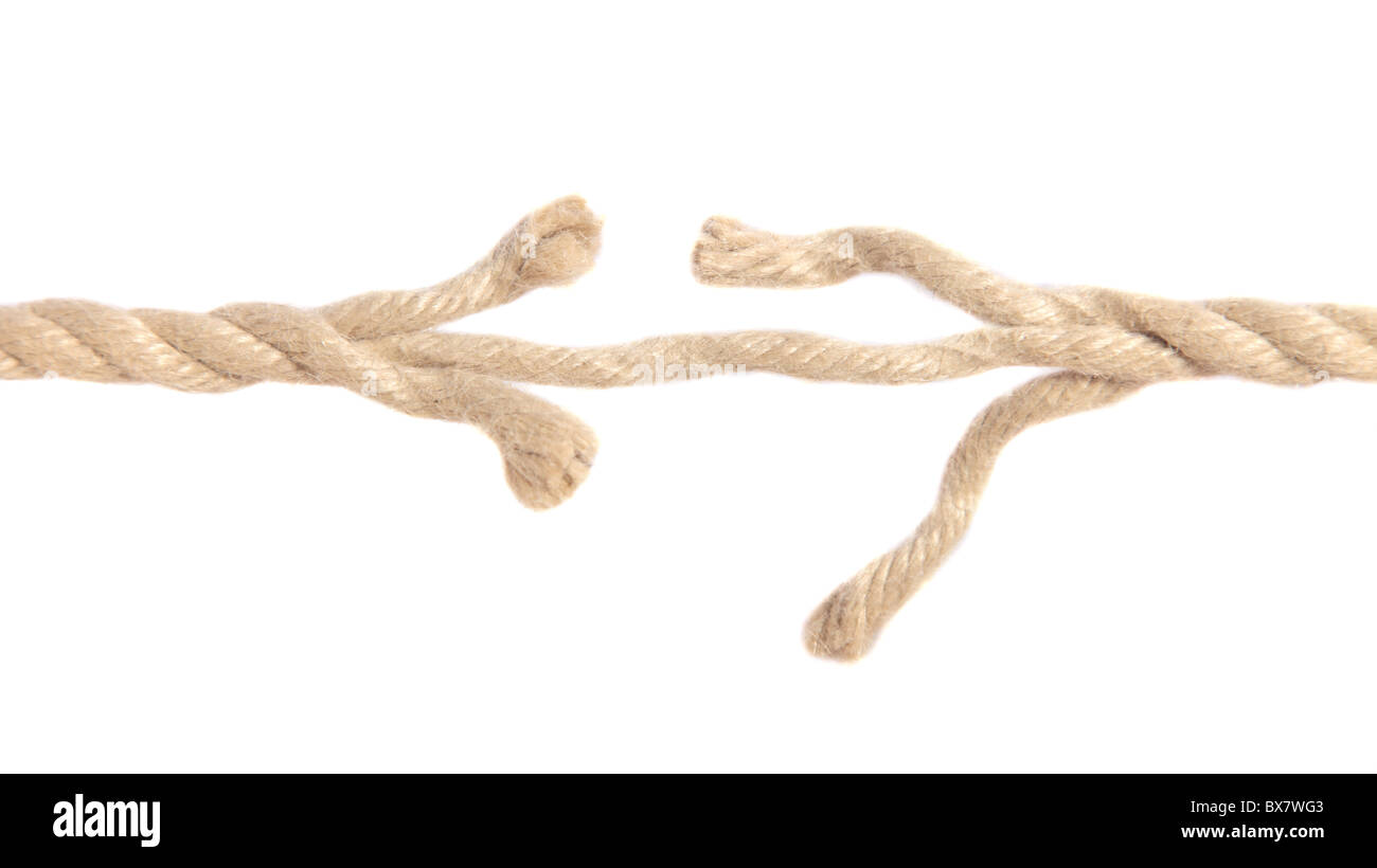 Hemp rope right before ripping apart. All isolated on white background ...