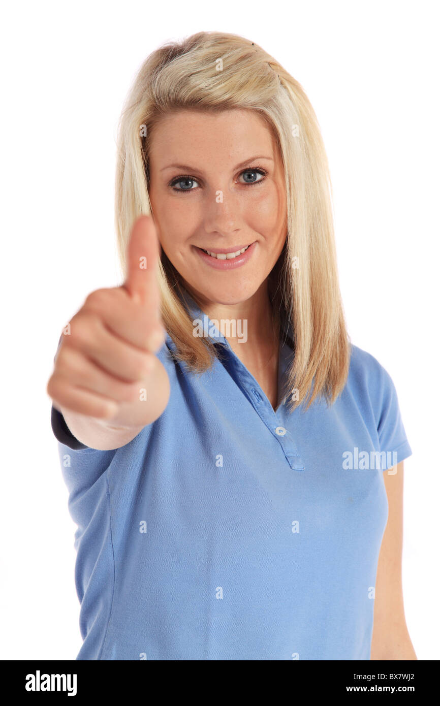 Attractive young woman making positive gesture. All on white background ...