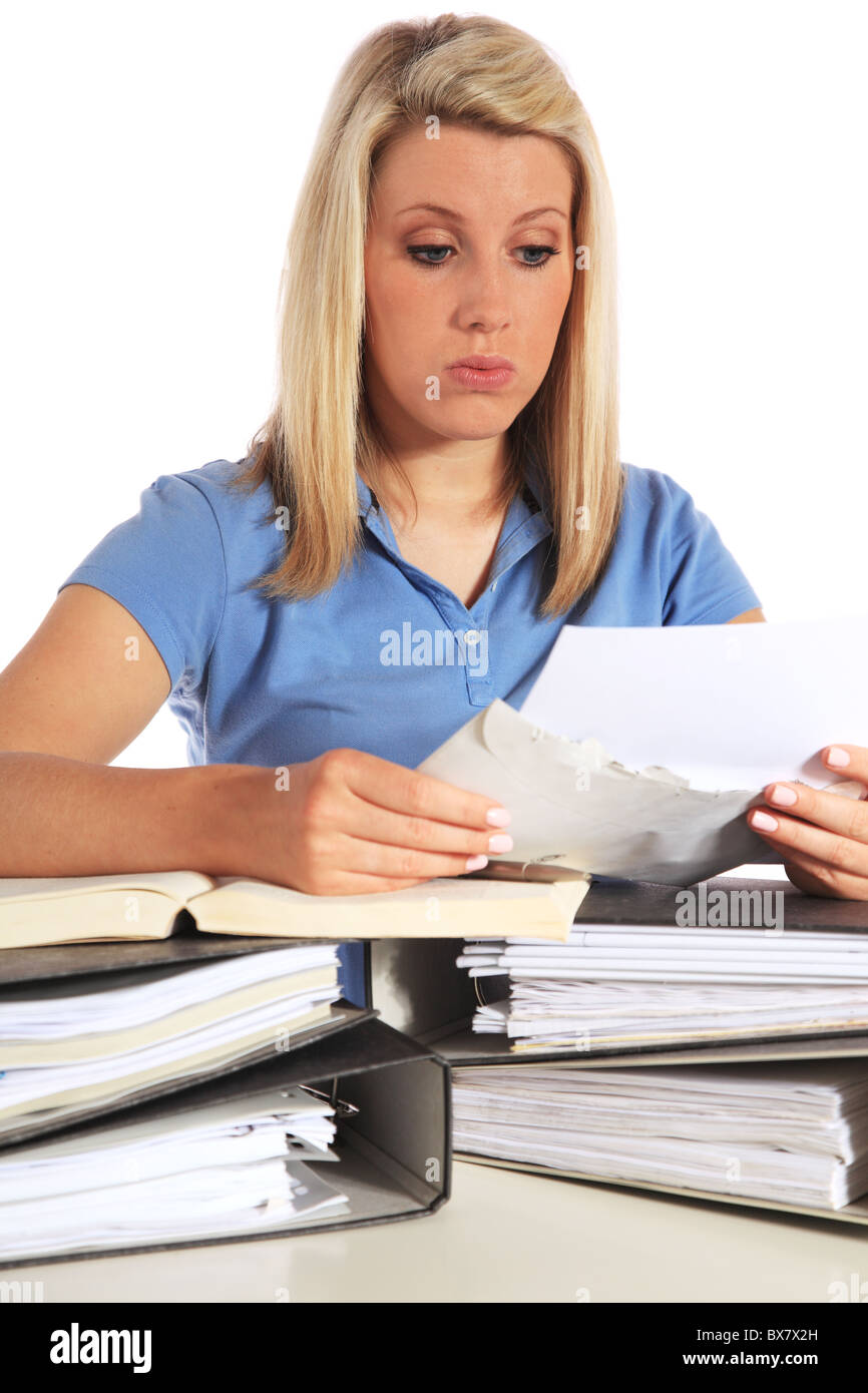 Attractive young student getting bad news via mail. All on white ...