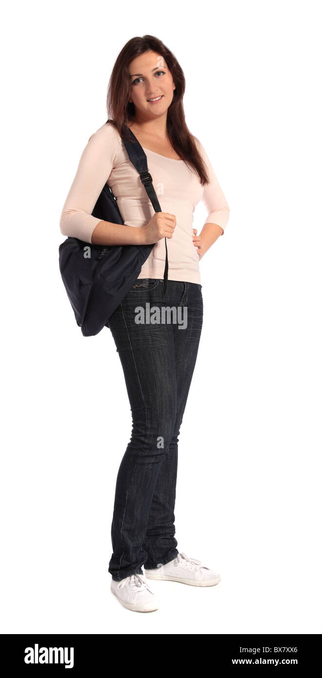Attractive young student holding a backpack . All isolated on white ...