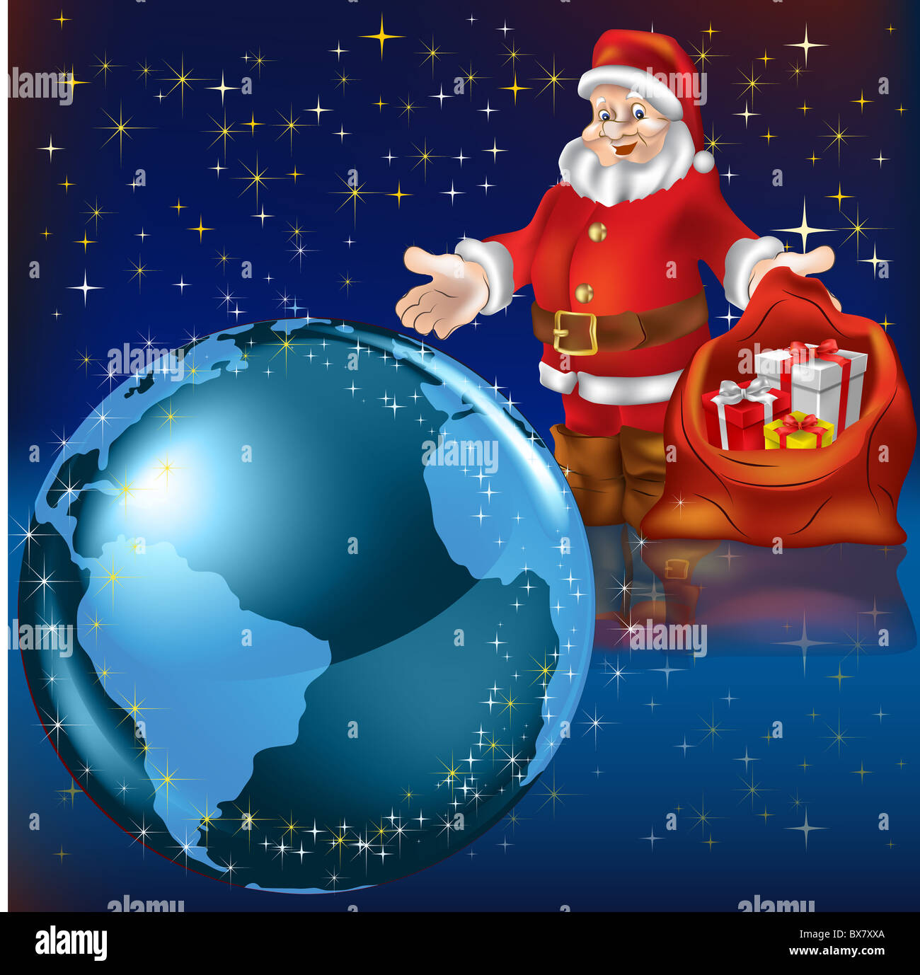 Santa Claus with gifts and planet earth Stock Photo - Alamy
