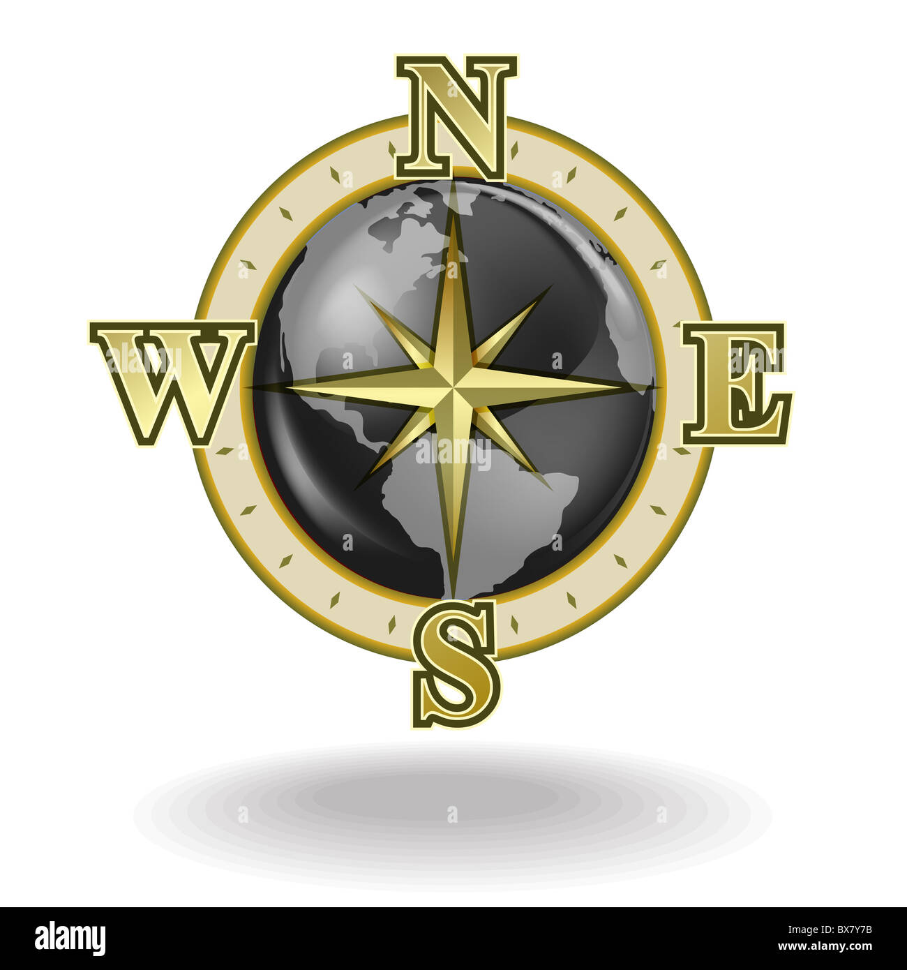 Golden compass with globe on a white background Stock Photo - Alamy