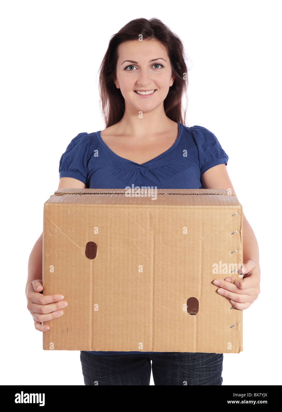 Attractive young woman carrying a moving box. All isolated on white ...