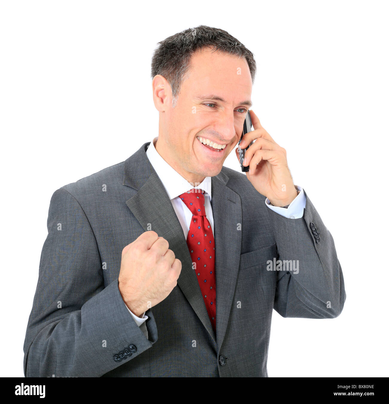 Cheering businessman making a phone call. All on white background Stock ...