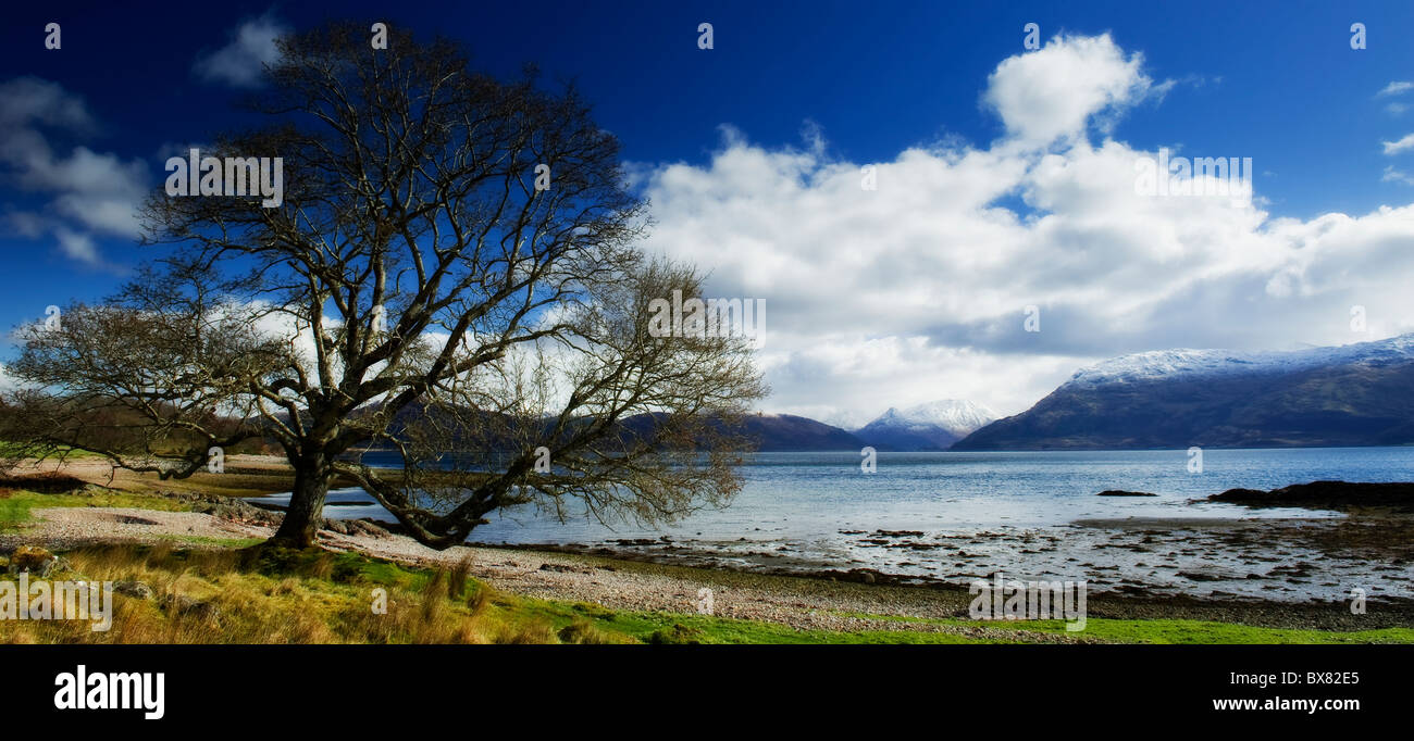 A beautiful winter mountain panoramic view across the shores of loch ...