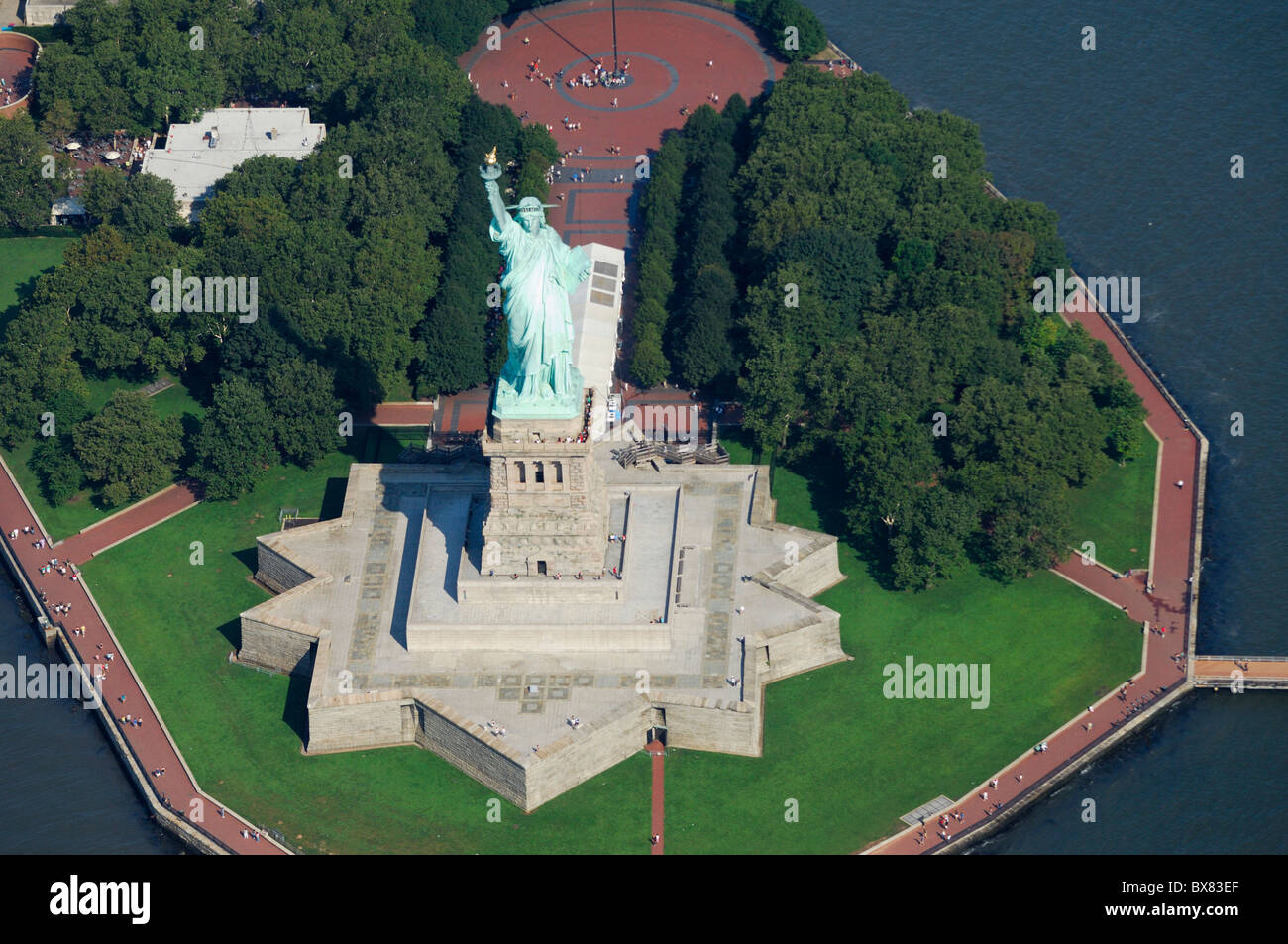 Aerial view of Liberty Statue island, New York bay, North america, USA ...