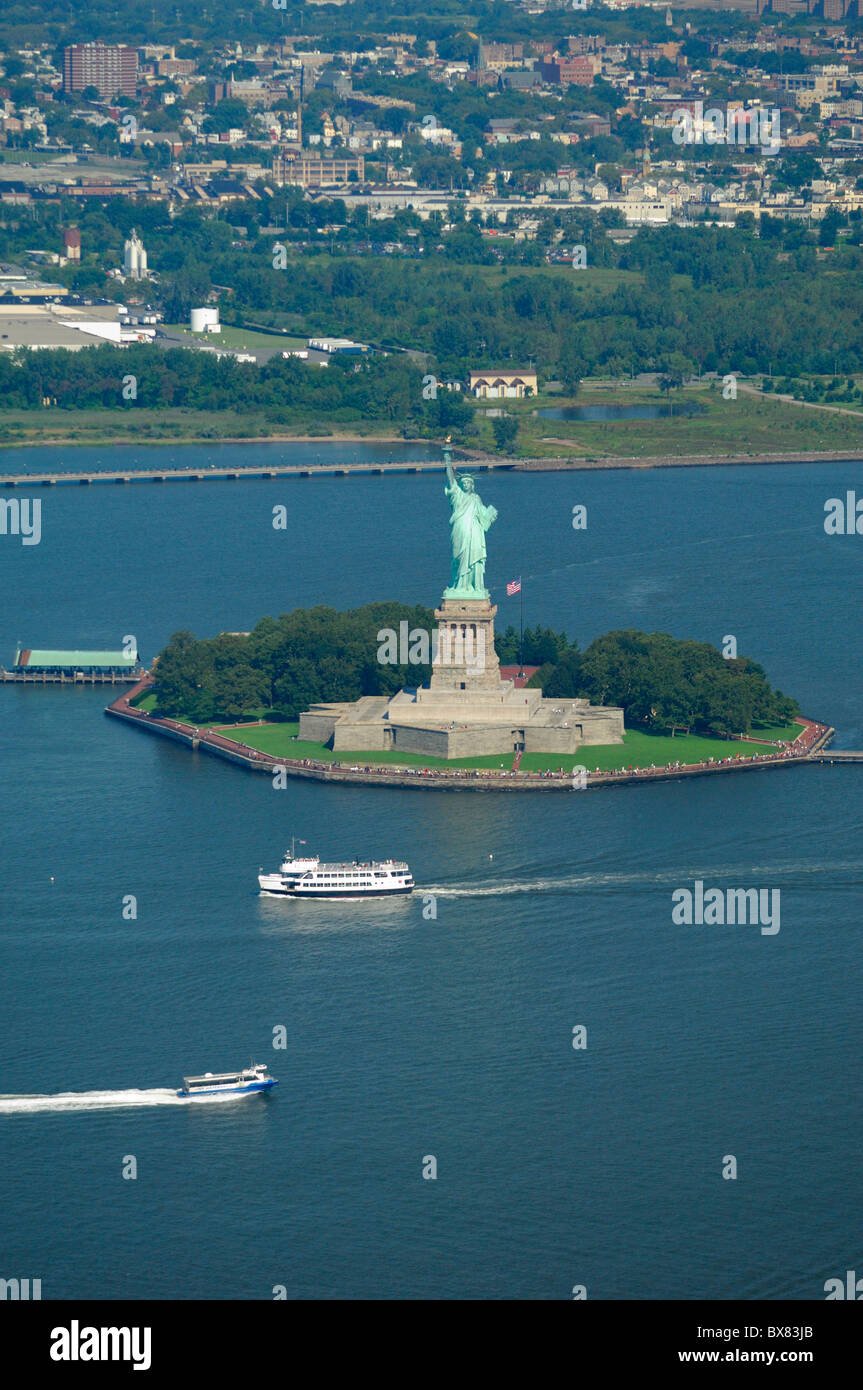Aerial view of Liberty Statue island, New York bay, North america, USA ...