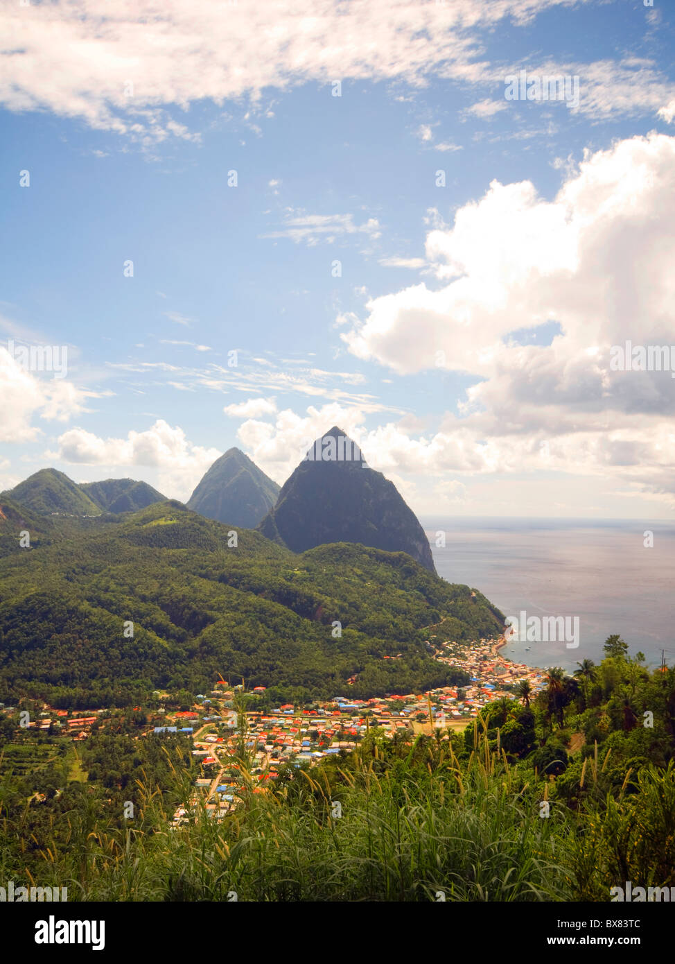 panoramic view of famous twin Gros Petit Pitons mountains and Caribbean ...