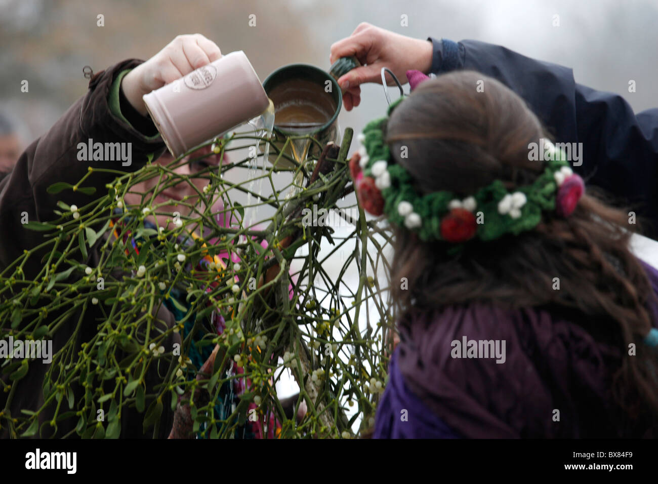 Druids pour cider during a ritual to celebrate the power of mistletoe ...