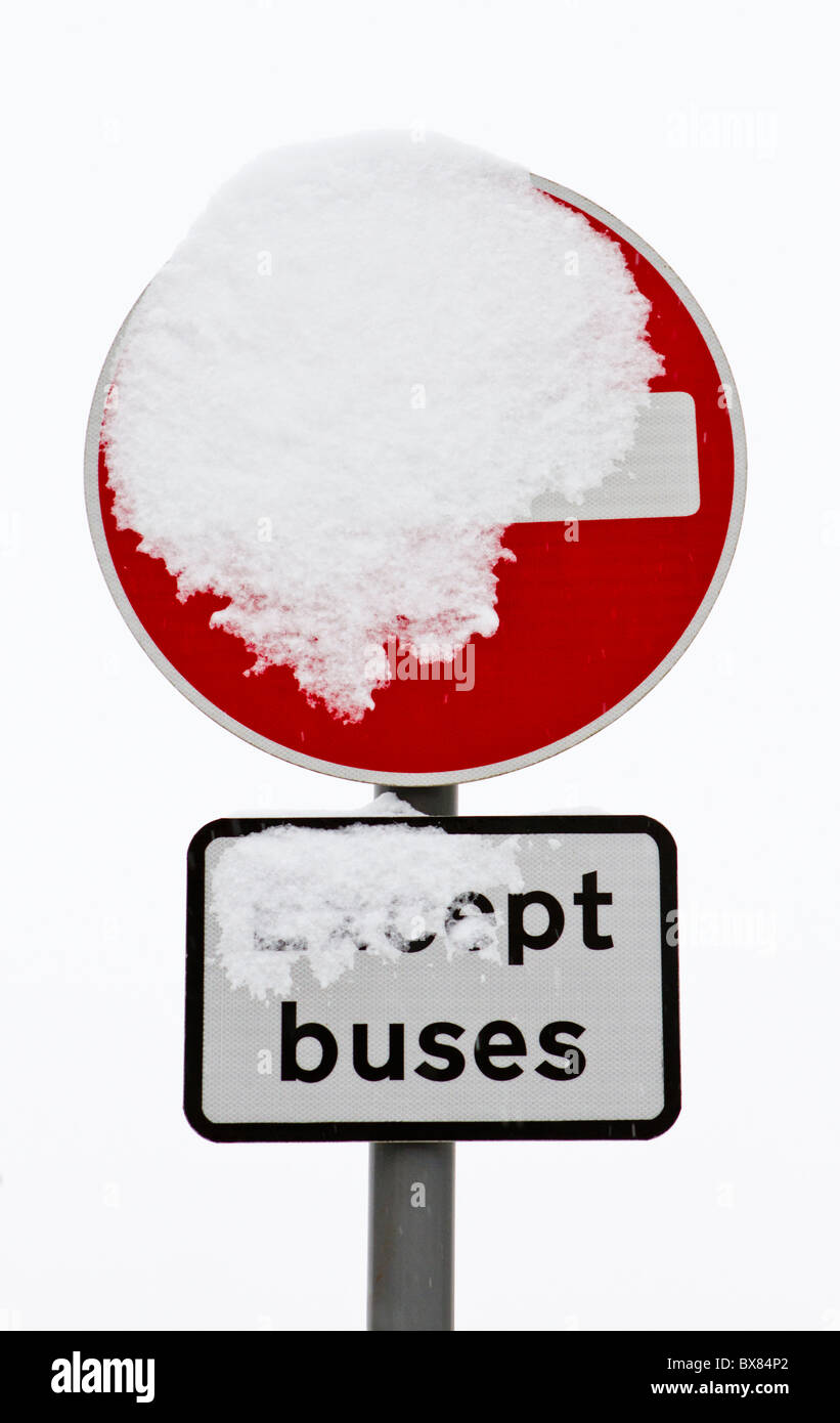 Snow-covered "No Entry" sign Stock Photo - Alamy