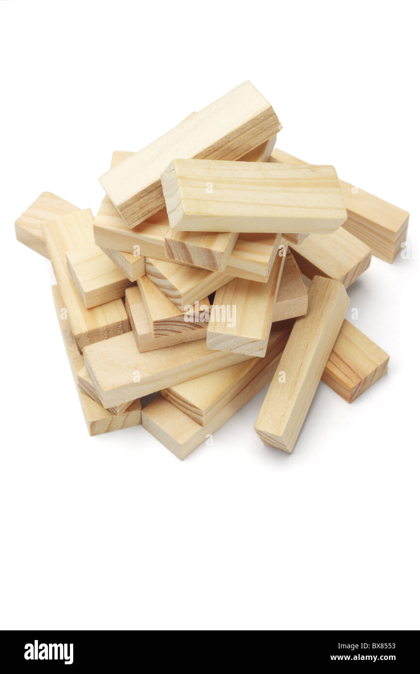 Elevated view of pile of wooden blocks on white background Stock Photo ...