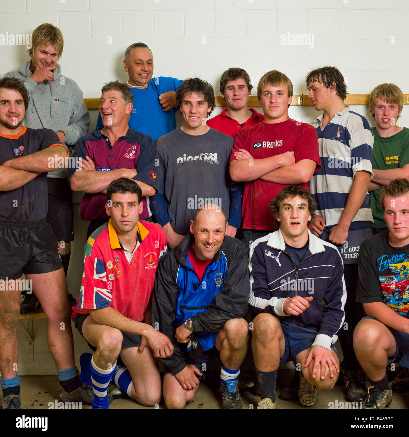 Group portrait of leamington under 19’s rugby team under with trainers ...