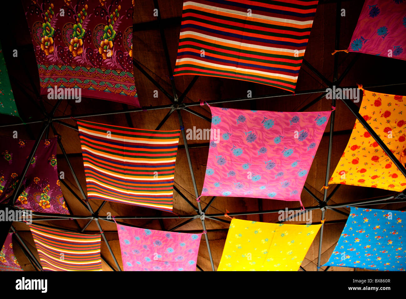 Different design of cloths arranged to decorate a roof ceiling inside ...