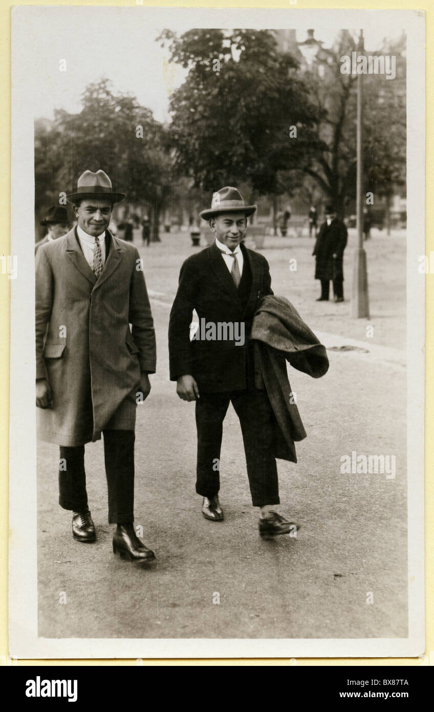 people, men, two men walking on a street, full length, Germany, circa ...