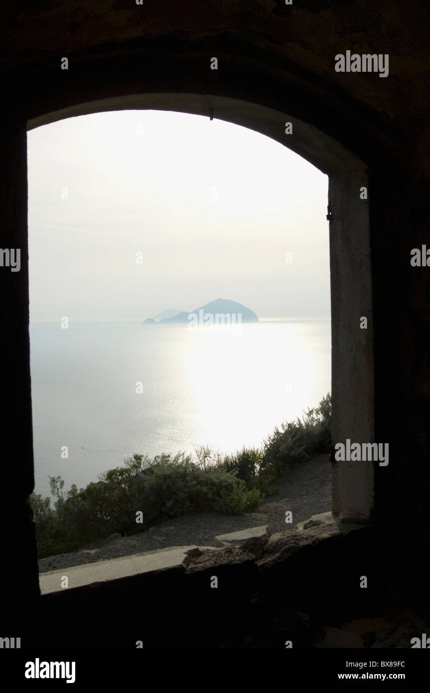 View of the islands of Alicudi and Filicudi throught the window of an ...