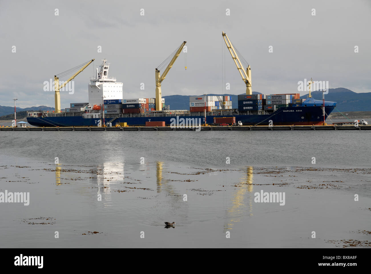 Cargo ship "Maruba Asia" at the pier unloading containers, Ushuaia ...