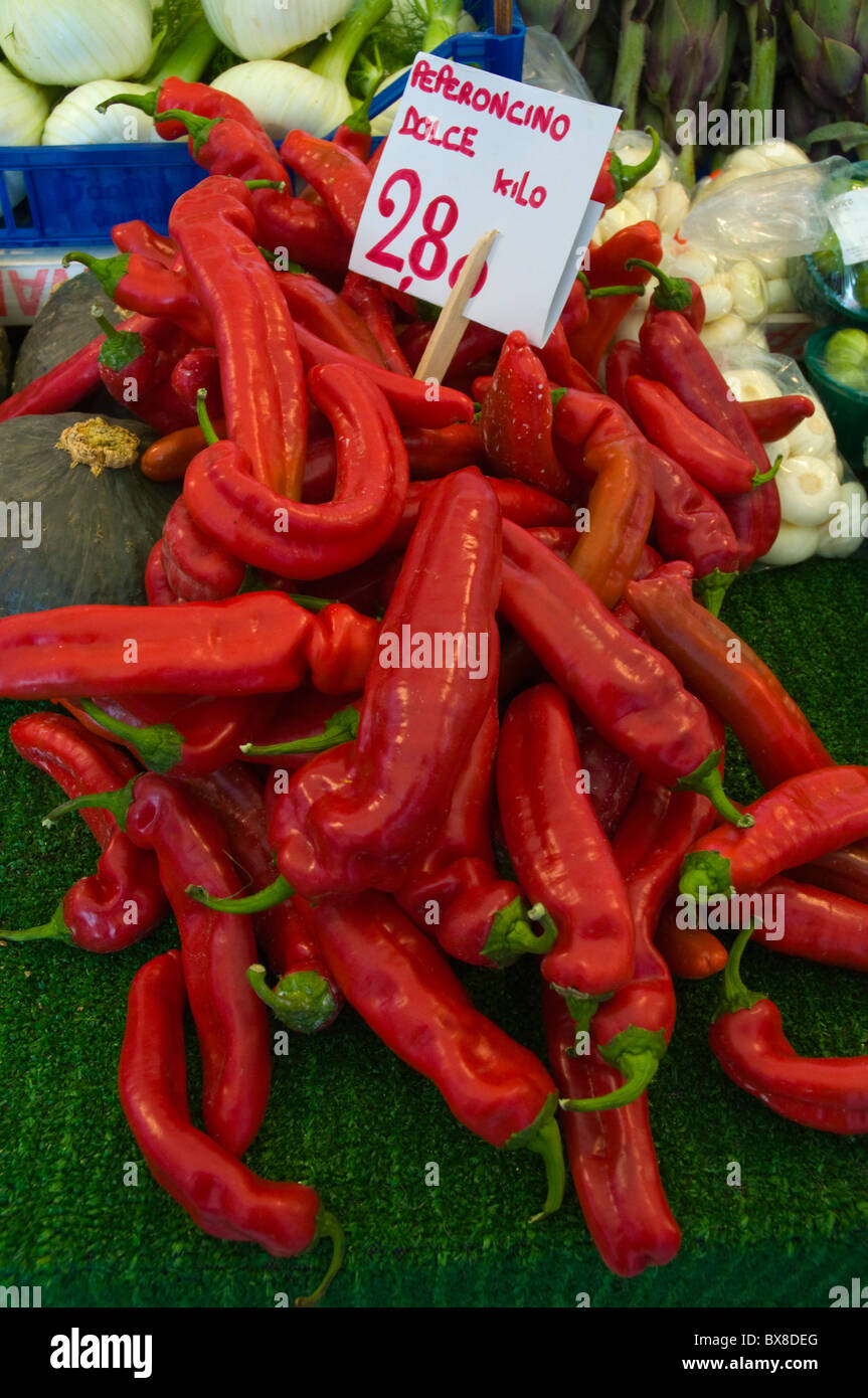 Peperoncino the spicy red paprika at fresh produce market by Rialto ...