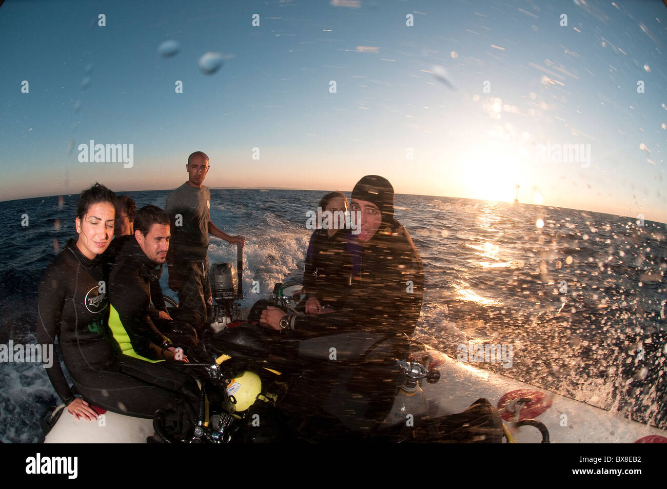 Divers on a dinghy after a dive Ras Mohammed National Park, Red Sea ...